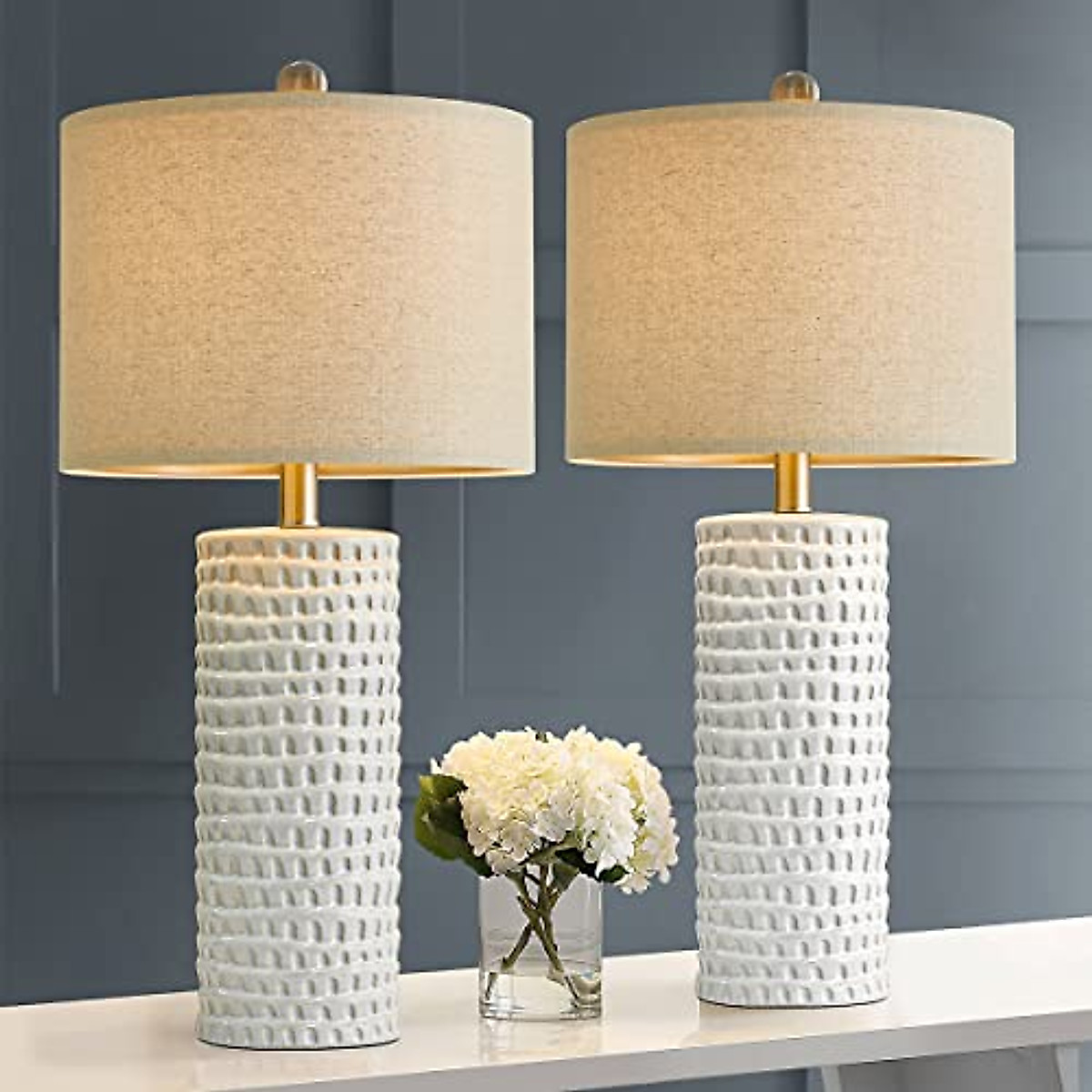 PORTRES 24.5" Modern Accent Ceramic Table Lamp Set of 2 for Bedroom White Desk Decor Bedside Lamps for Living Room Study Room Office Dorm Farmhouse Nightstand Lamp End Table Lamps