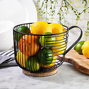 Coffee Pod Holder - Large Capacity Black Wire Kup Storage with Wooden Base - Modern Coffee Basket Decor for Kitchen Countertop for Pods & Espresso Capsules