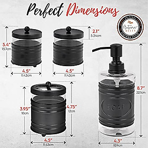 Autumn Alley Modern Farmhouse Glass and Black Bathroom Accessories Set (4 PCS) - Lotion Soap Dispenser, Toothbrush Holder, 2 Apothecary Jars (Qtip Holder) - Rustic Farmhouse Bathroom Decor