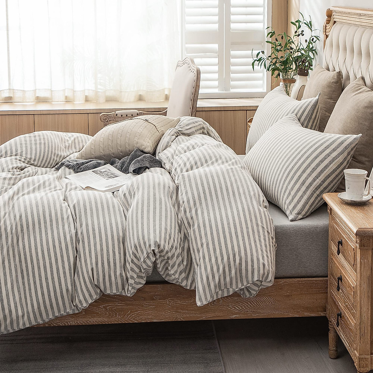 PURE ERA Jersey Knit Duvet Cover Set 100% T-Shirt Heather Cotton Super Soft Comfy Classic Striped Design, with Zipper Closure, Grey & White Stripe, Queen