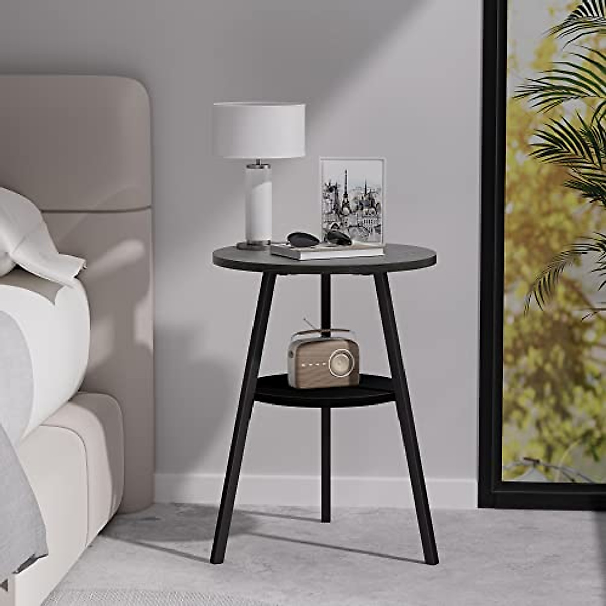 INHABIT UNION Round End Table 2 Tier Side Table Small Rustic Vintage Sofa Table for Living Room/Bedroom, with Wooden Boards Storage(Grey)