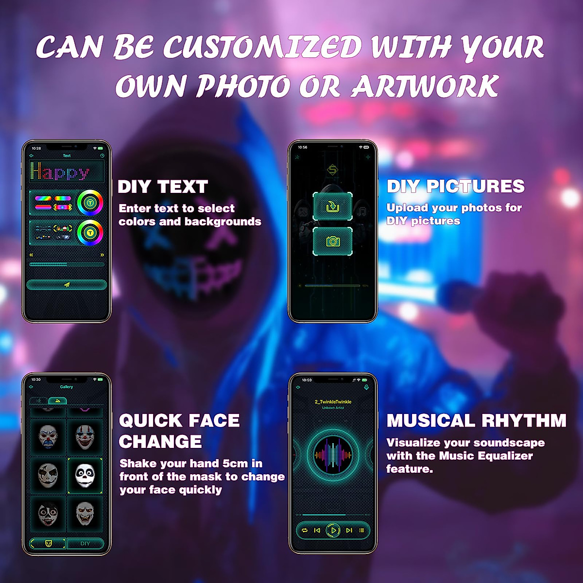 Depointer Life Led Mask with Rechargeable Bluetooth-compatible App Controlled, Customizable Shining Mask, Lighted Face Transforming Mask, unisex-child