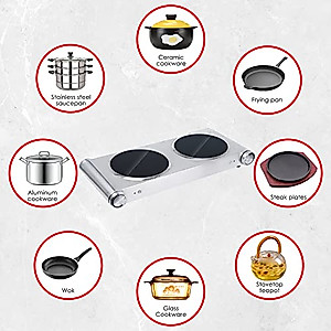 Davivy Double Hot Plate Electric Ceramic plate,1800W Infrared Cooktop 7inches 2 Burners for ALL Cookwares for Home/RV/Camp(silver,900W+900W) (Double Hot Plate)