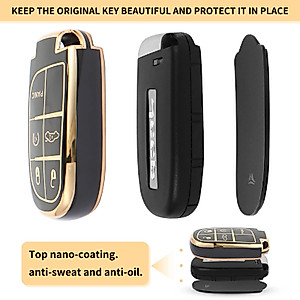 QfungYe For Jeep Accessories Wristlet Key Fob Cover, Anti-Fingerprint Special TPU Key Case，Compatible With Grand Cherokee Renegade Dodge RAM Durango Challenger Chrysler 200 300 Fiat Smart(Black)
