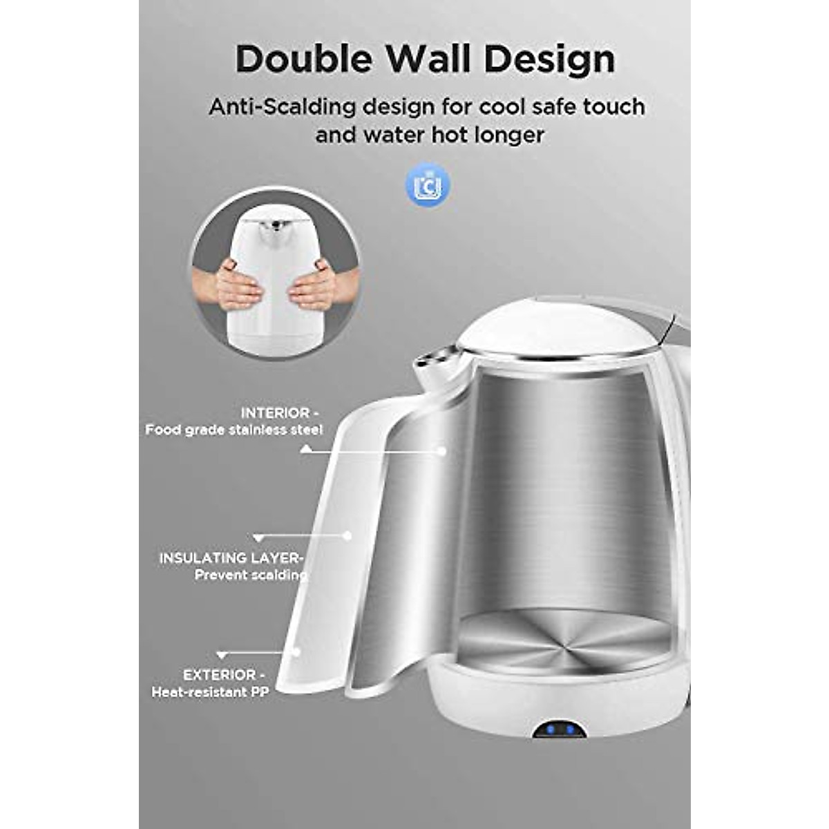 AZEUS Electric Kettle 1500W Cool Touch Tea Kettle Anti-scalding Design 1.8L Large Capacity Double Wall Kettle Cordless Water Boiler with Auto Shut-Off and Boil-Dry Protection, BPA-Free, White