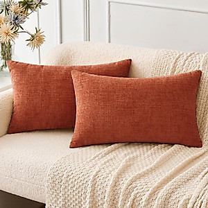 MIULEE Fall Pack of 2 Couch Throw Pillow Covers 12x20 Inch Soft Burnt Orange Chenille Pillow Covers for Sofa Living Room Solid Dyed Pillow Cases