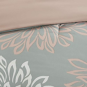 Madison Park Essentials Maible Cozy Bed in A Bag Comforter with Complete Cotton Sheet Set-Floral Medallion Damask Design All Season Cover, Decorative Pillow, Queen (90 in x 90 in), Blush/Gray