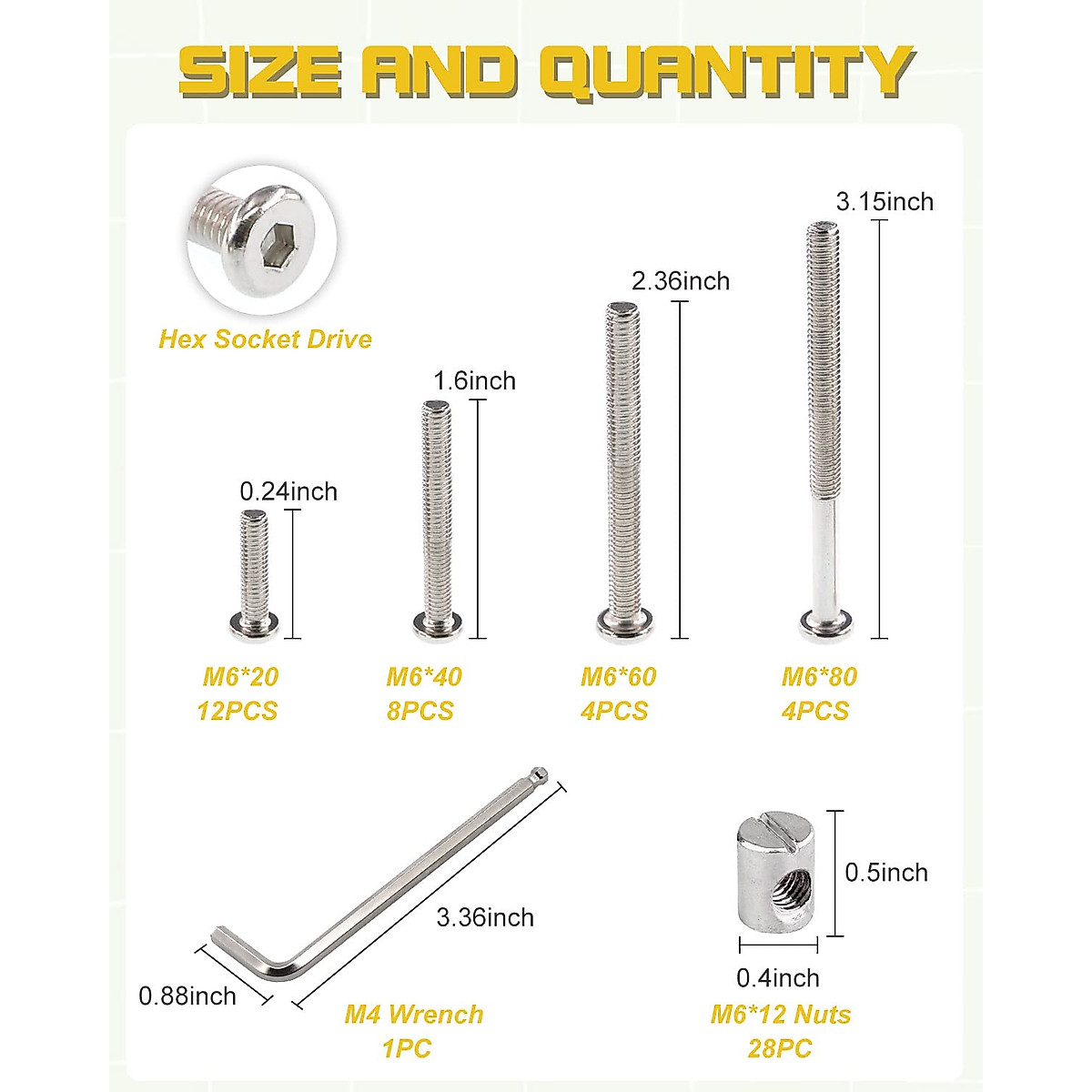 Crib Screws Hardware Replacement Kit - 28 Set Baby Bed Frame Bolts &Barrel Nuts Set for Delta/Graco/Dream On Me,M6x20/40/60/80 mm Hex Drive Socket Cap Screws Barrel Nuts