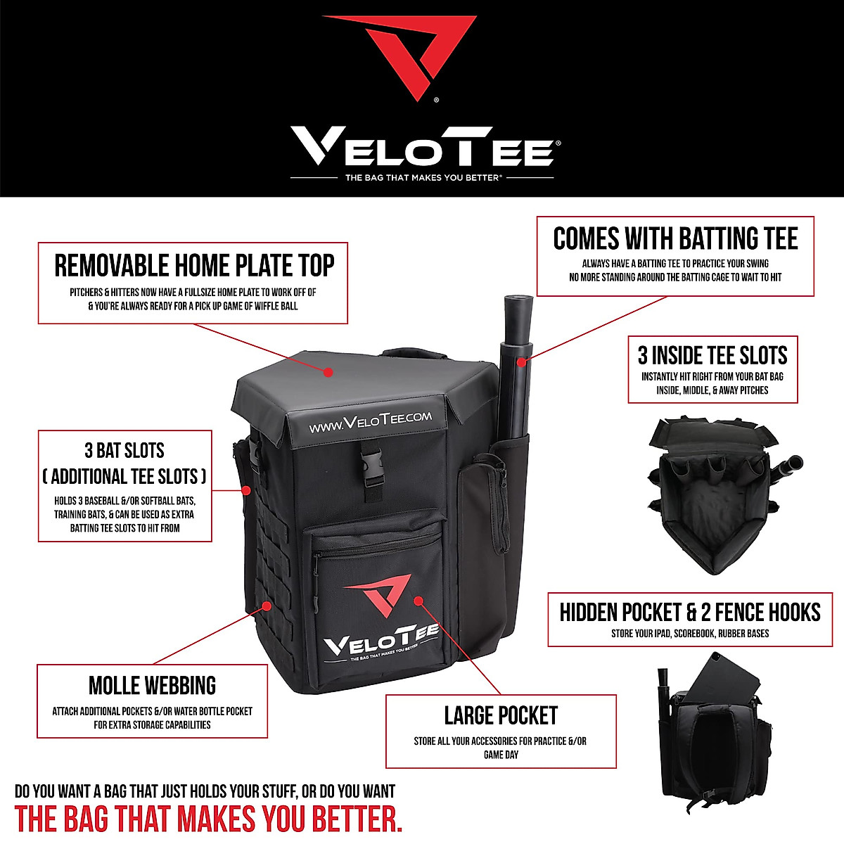 VeloTee | Home Plate Baseball & Softball Bat Bag | Softball and Baseball Coaches Bag | Baseball Bucket Backpack with Built in Batting Tee