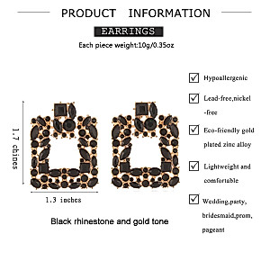 Black Vintage Rhinestone Square Statement Earrings Sparkly Geometric Crystal Drop Dangle Earrings Fashion Jewelry Gift for Women