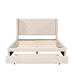 Yehha Queen Size Velvet Upholstered Platform Bed w/Button Tufted Headboard & Storage Drawers, Wooden Bedframe w/Strong Slats Support & Capacity 450LBS, No Box Spring Needed, Easy to Assemble, Beige