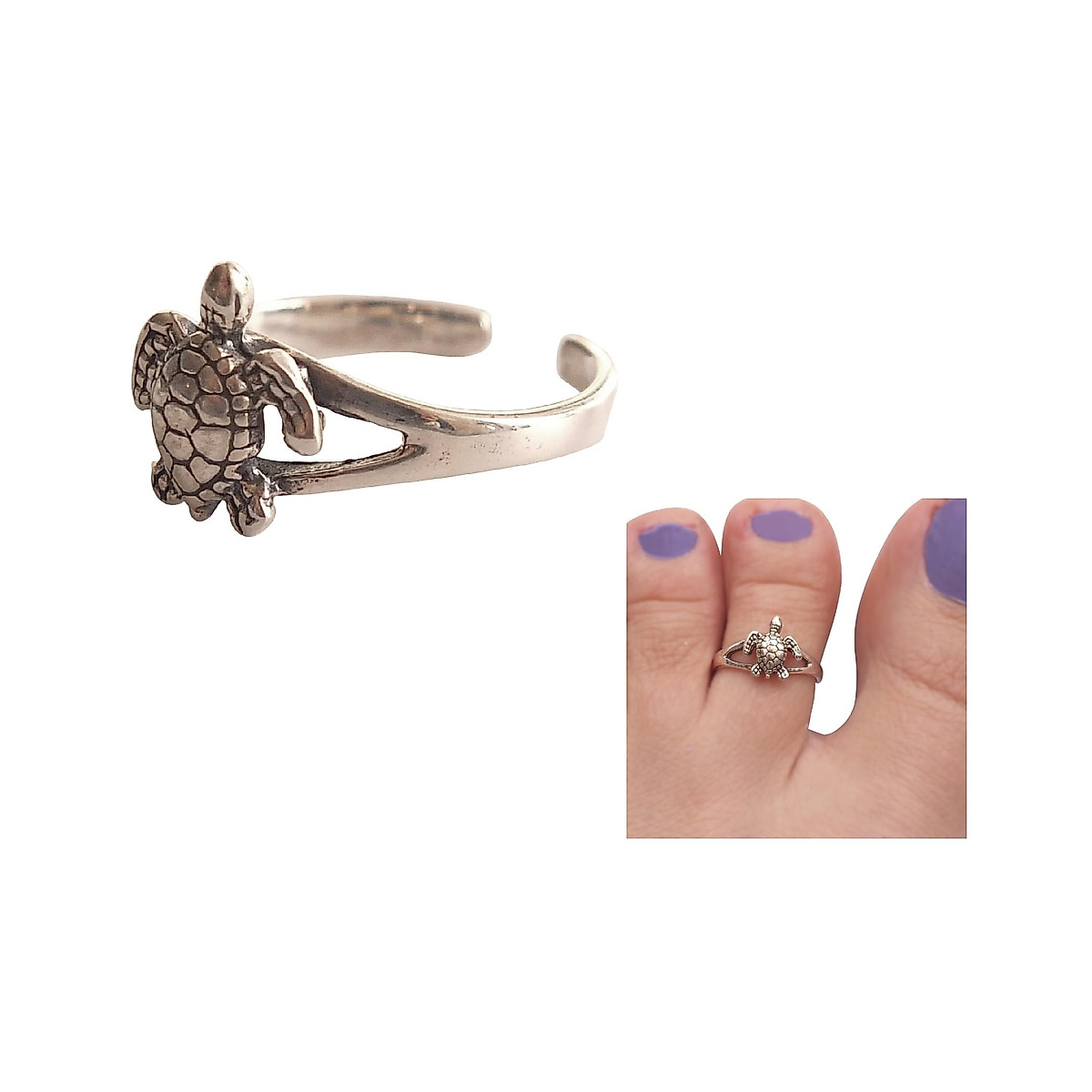 Handmade Silver Turtle Band Adjustable Toe Ring, 925 Sterling Silver, Cute Animal Dainty Open Toe, Pinky or Knuckle Rings for Women, By MiYa Jewelry Creations