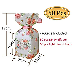 Lontenrea 50 Pcs Floral Pattern Candy Boxes Wedding Birthday Party Favor Gift Box with 50pcs Light Pink Ribbon
