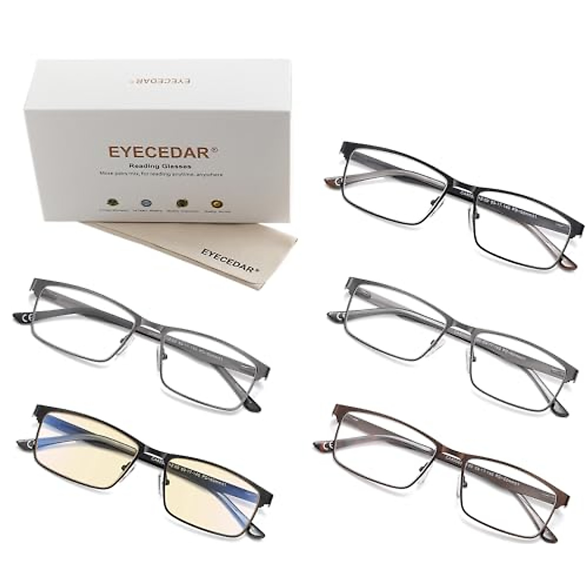 EYECEDAR 5-Pack Reading Glasses for Men Metal Frame Spring Hinges with a pair Blue Light Readers 1.50