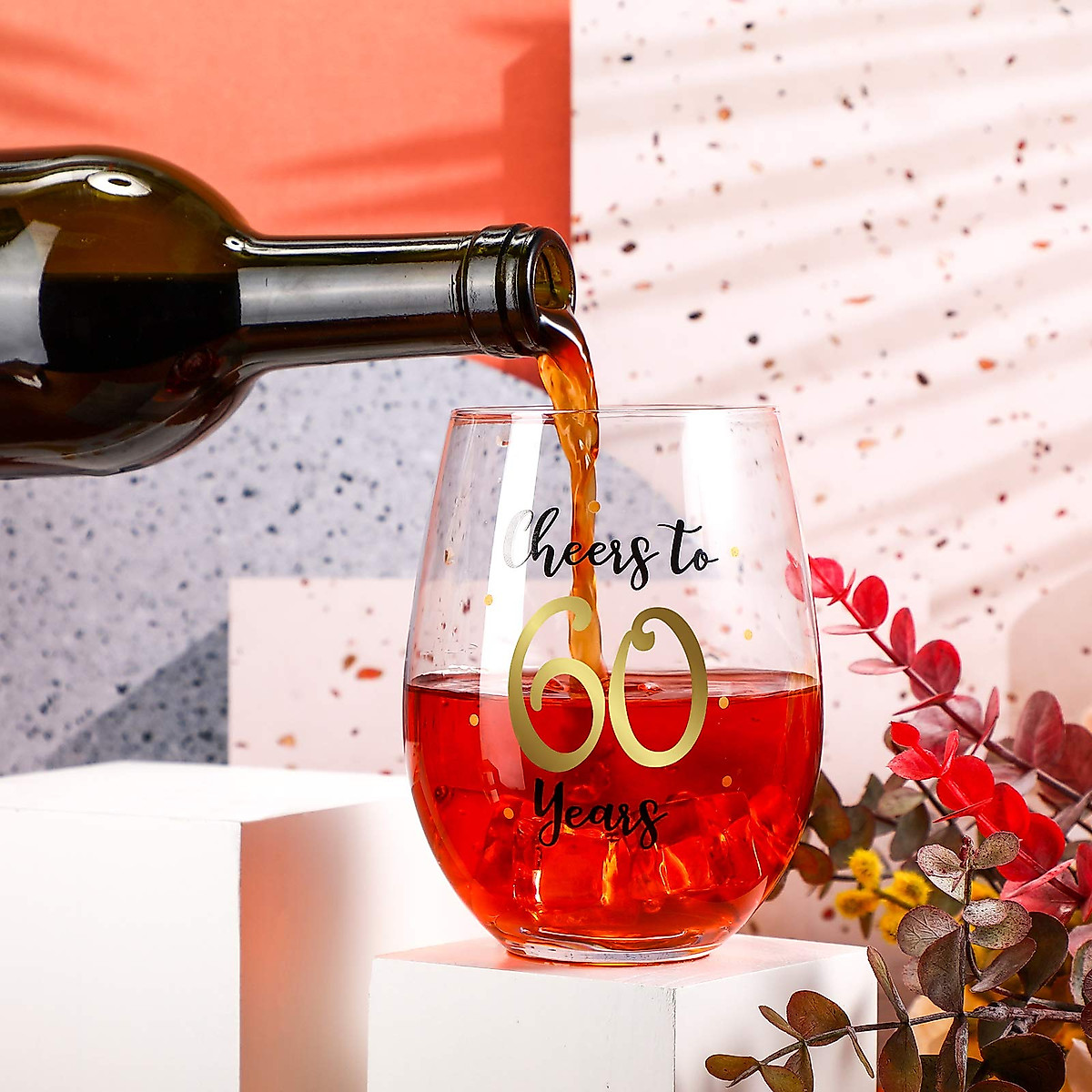 Birthday Stemless Wine Glass, Gold Birthday Wine Glass Present for Men Women Birthday Party Wedding Anniversary Decorations, 17 oz Stemless (Cheers to 60 Years)