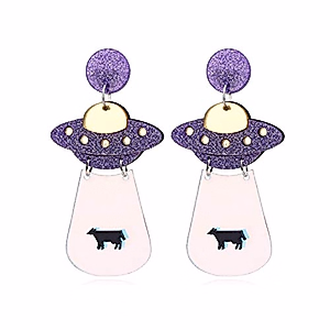 ASKANA Women`s Fashion and Fun Acrylic Big Cute UFO Aliens Cosmos and Space Drops Stud Earrings
