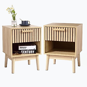 JoanKaren Boho Nightstand Set of 2, Farmhouse Small End Table, Bed Side Table with Drawer, Modern Wood Night Stand Bedside Table with Open Shelf for Bedroom, Living Room and Small Spaces (Natural)