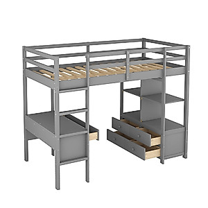 Harper & Bright Designs Twin Size Loft Bed with Desk and Storage, Wood High Loft Bed Frame with Shelves, Multifunctional Loft Bed Twin for Kids Teens Adults (Grey)