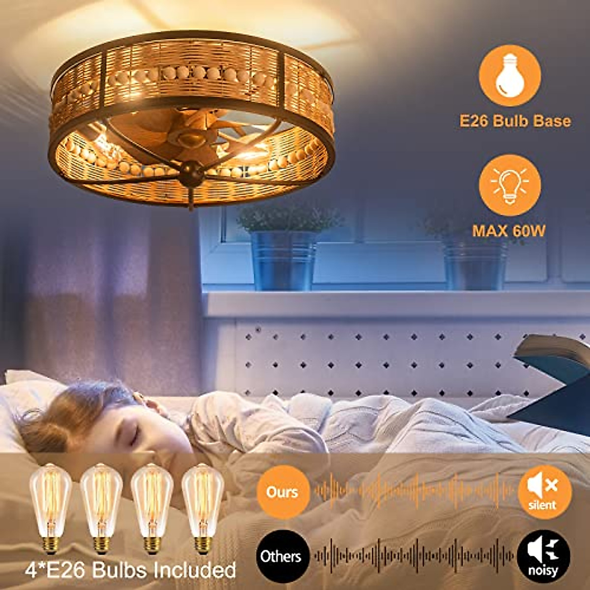 EKIZNSN Boho Caged Ceiling Fan with Light, 20 Inch Modern Boho Bladeless Ceiling Fan, Low Profile Flush Mount Ceiling Fans with Lights for Bedroom (5 E26 Bulbs Included)