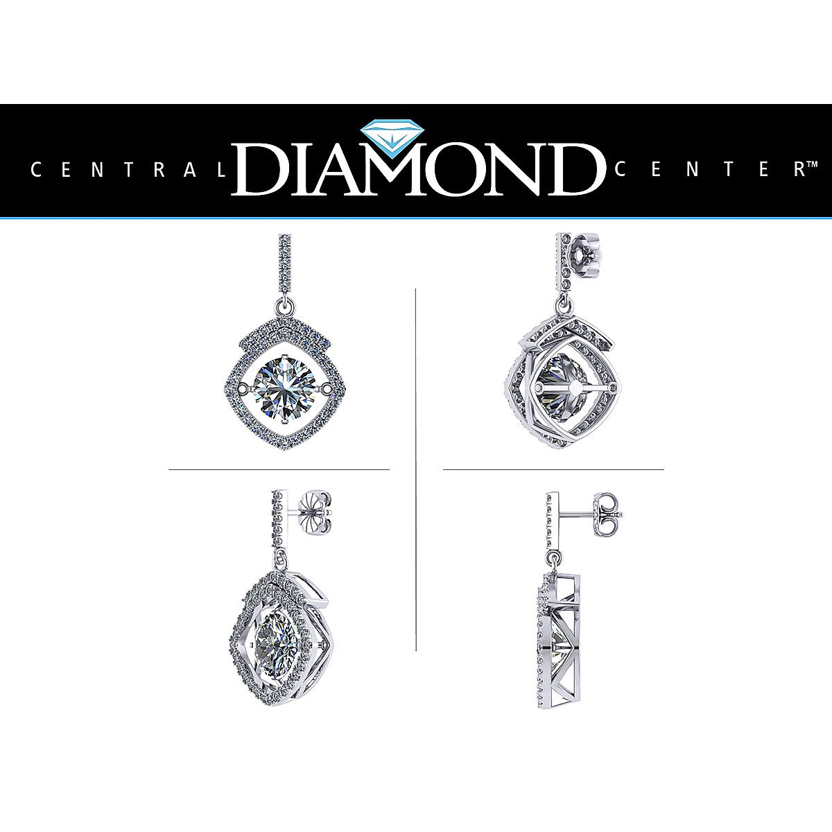 Central Diamond Center Square Halo Dancing Gemstone Dangle Earrings Sterling Silver with Pure Brilliance CZ, Platinum Plated
