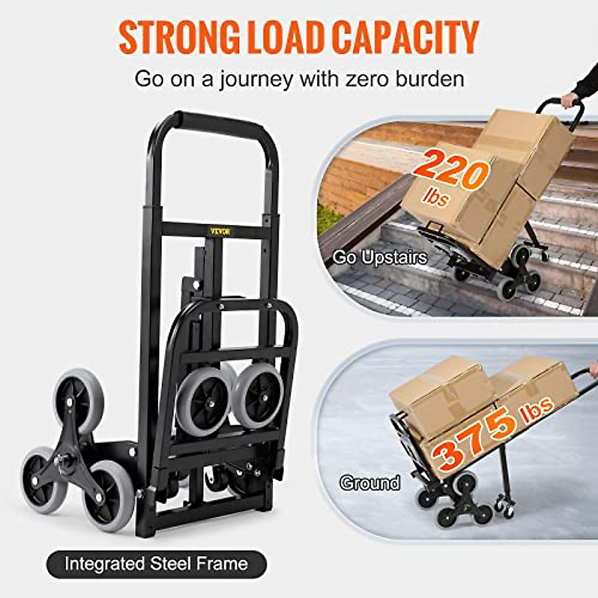 VEVOR Stair Climbing Hand Truck, Heavy-Duty Hand Cart Dolly 375 lbs Load Capacity, Foldable Stair Climber Hand Trucks with Adjustable Handle, All Terrain Cart for Stairs with 10 Wheels