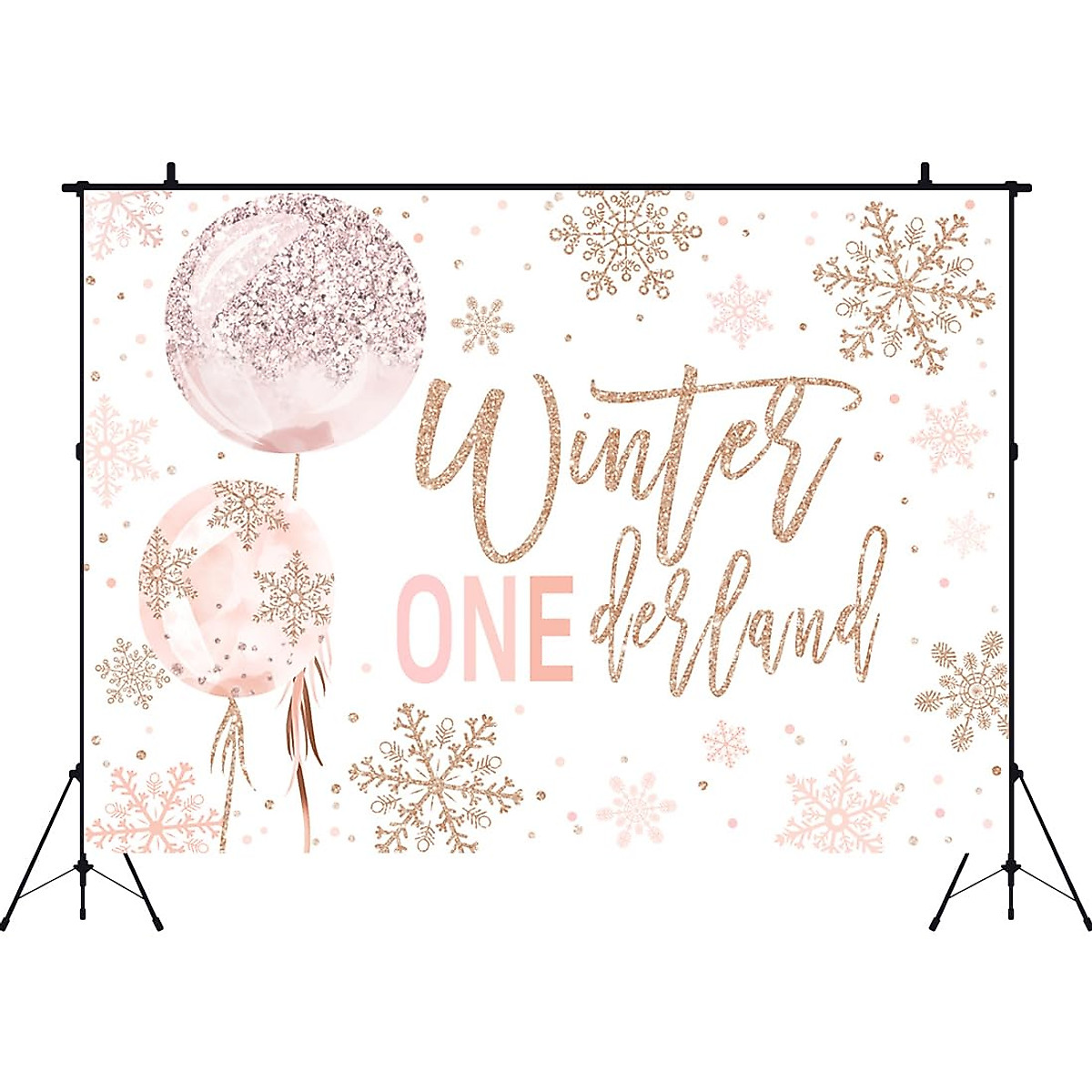 Aperturee 7x5ft Blush Pink Winter Onederland Theme Backdrop Girl One Years Old Birthday Party Christmas Snowflake Snow Landscape Photography Background Bokeh Glitter Balloon Banner Decor Photo Booth