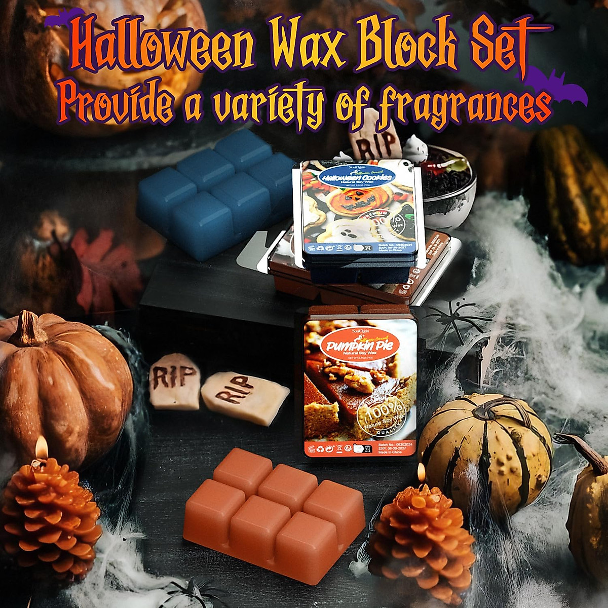 SoulOrigin Halloween Scented Wax Melts, Scented Soy Wax Cubes Set for Caramel Apples, Pumpkin Pie, Candy Corn, Halloween Cookies, Chocolate Bars, Popcorn Balls, Caramel Corn, Halloween Gummy Candies
