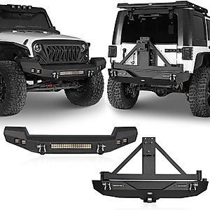 u-Box Front Bumper & Rear Bumper Combo for Jeep Wrangler JK 2007-2018 Textured Black Steel Bumper w/Spare Tire Carrier & 120W LED Light Bar & Receiver Hitch
