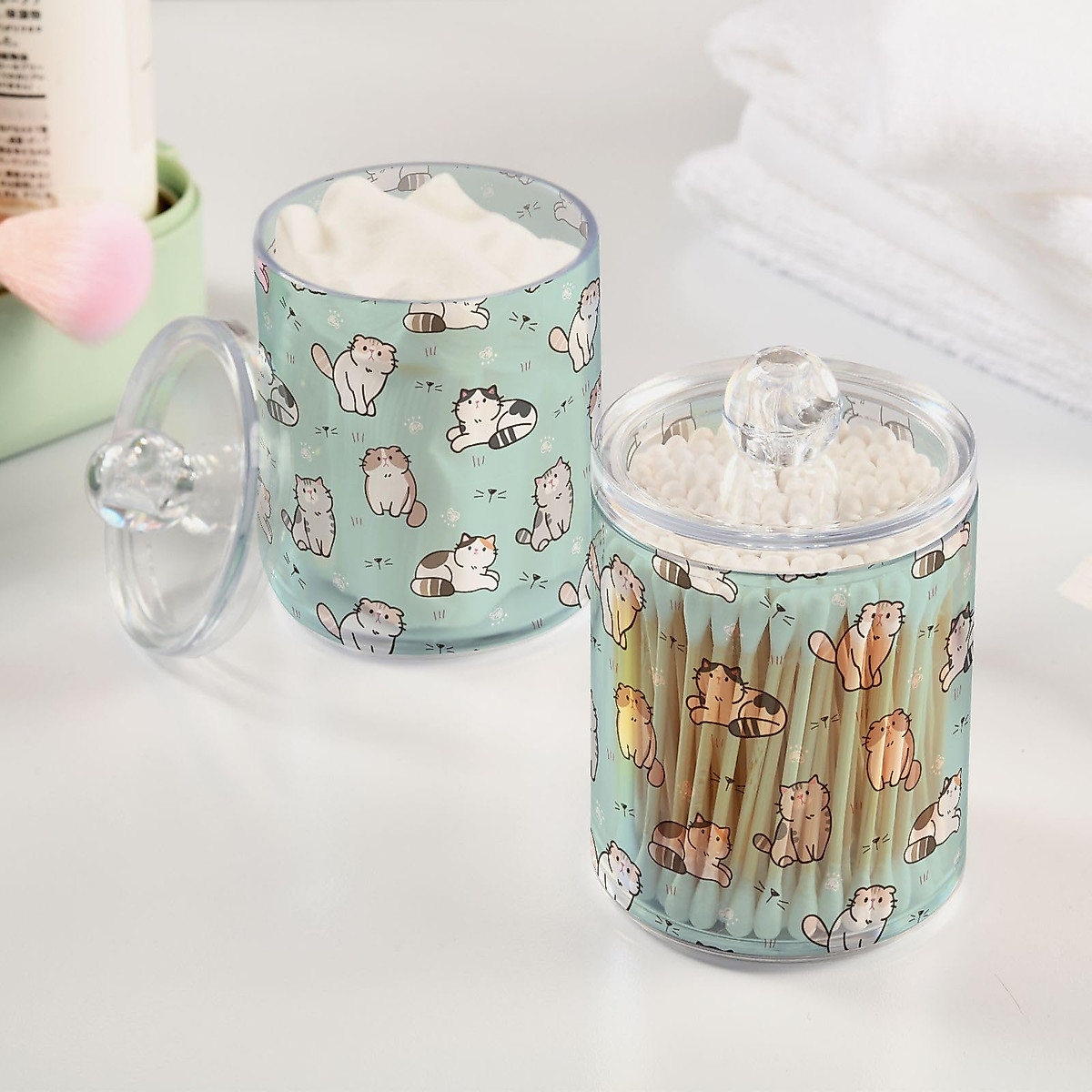 Cartoon Cat Pastel Green 2 Pack Qtip Holder Organizer Dispenser Plastic Bathroom Jars Storage Containers with Lids Clear Bathroom Organizer Dispenser for Bathroom Accessories