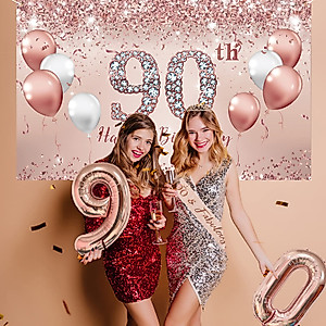 Trgowaul 90th Birthday Decorations Party Set for Women, Rose Gold 90 Birthday Banner and Tablecloth, 90 & Fabulous Sash and Tiara, 1PC Happy 90th Birthday Cake Topper, Pink Gold 90 Number Balloons