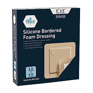 MED PRIDE Silicone Bordered Foam 6’’ x 6’’ Wound Dressing Pads- 10 Pack-Trauma Bandaging for Ulcers, Post Op Wounds, Injuries- Adhesive, Individually Wrapped-Sterile