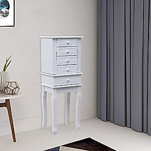 WEI WEI GLOBAL Standing Jewelry Armoire w/Top Flip Makeup Mirror, Wooden Jewelry Cabinet Chest Organizer, Stand Up Storage Display Box- 5 Drawers & 14 Necklace Hooks, White