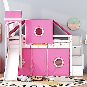 Harper & Bright Designs House Twin Loft Bed with Slide,Storage Stairs and Tent, Wood Kids Loft Bunk Bed with Tower and Ladders, Playhouse Twin Bed Frame for Kids, Teens, Boys & Girls (Twin, Pink)