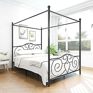 TMEOSK Queen Size Metal Canopy Platform Bed Frame with European Headboard & Footboard, Sturdy Steel Under-Bed Storage Space, No Box Spring Needed for Boys Girls Teens Adults, Four-Poster Canopied Bed
