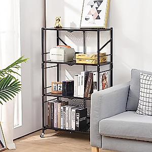 TOOLF Foldable 4-Tier Storage Shelving Unit with Lockable Wheels, Space-Saving Organizer Rack for Home and Office, Freestanding Metal Rack, 1 Piece, Black