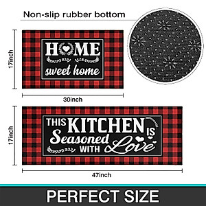 Ideasonna Red Buffalo Plaid Kitchen Rugs Sets of 2 Decor Non-Slip Washable Red Kitchen Mats for Floor 2 Piece