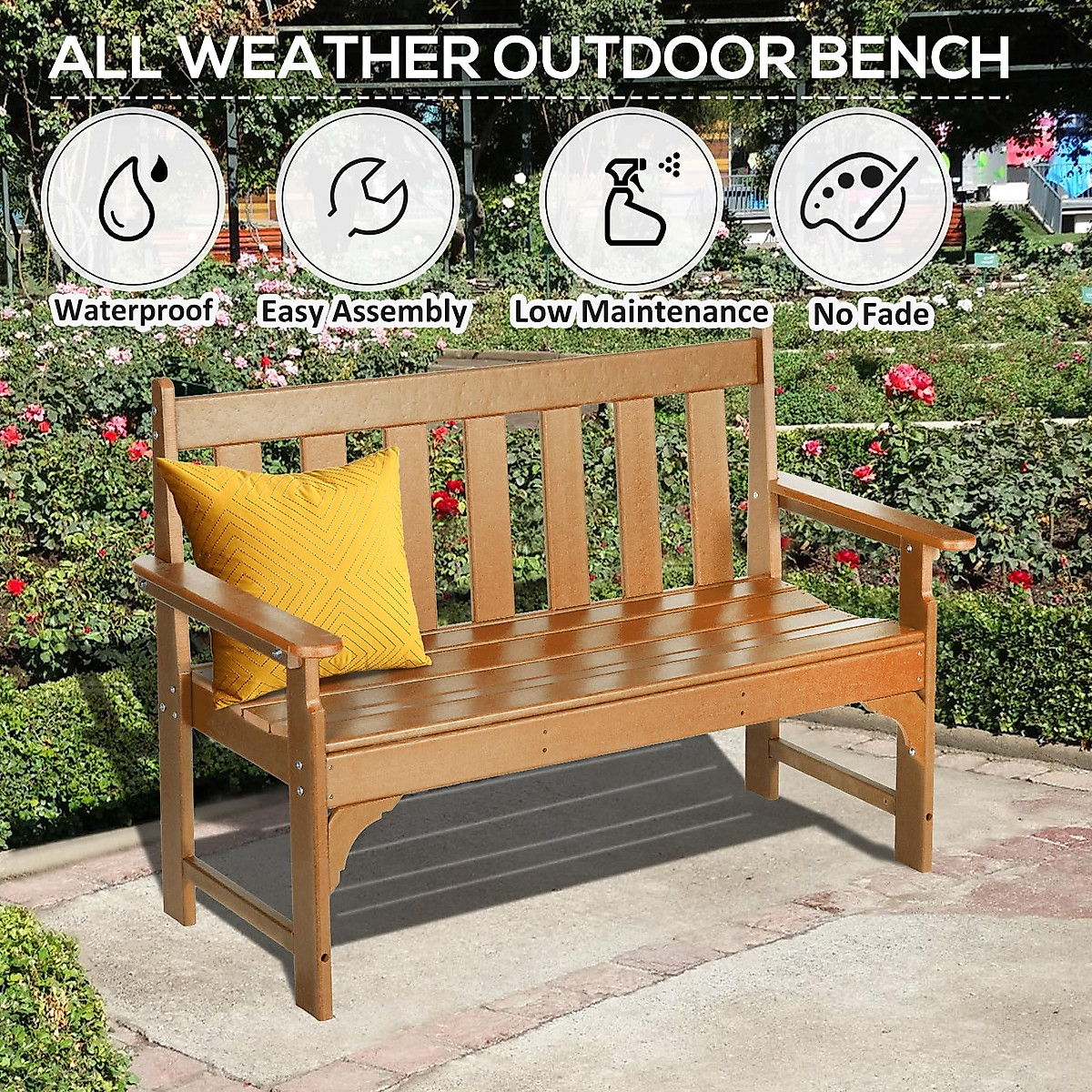 nalone Outdoor Bench, HDPE All Weather Patio Bench Load up to 800 Lbs, 2-Person Garden Bench Rot-Proof Fade Proof for Patio, Porch, and Park (Teak)