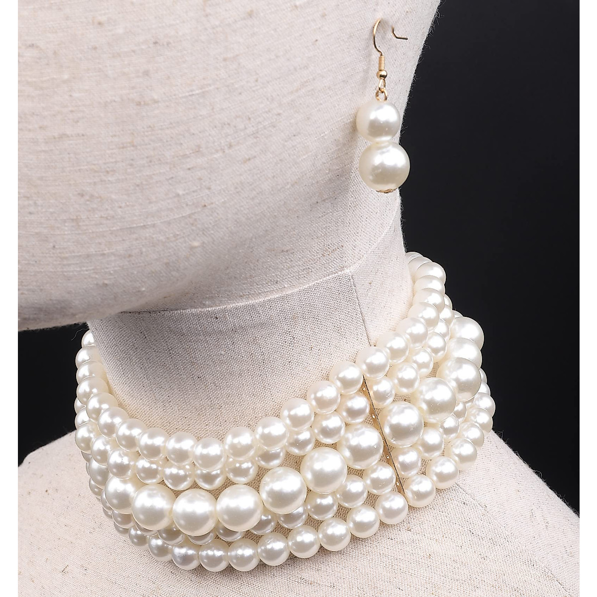 Wekicici Pearl Necklace Earrings Set Multi-Layer Pearl Choker Necklace Costume Accessories for Women
