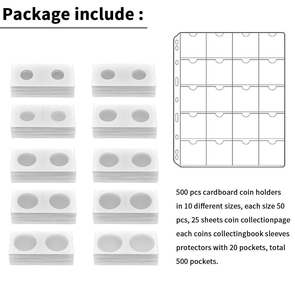 500 Cardboard Coin Holder for Collectors with 25 Sheets Coin Pocket Pages, 500 Pockets Coin Collecting Book Sleeves Protectors Storage and 10 Size 2" x 2" Currency Holders for Coin Collection Supplies