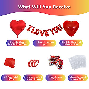 50 6inch red Heart Balloons Latex，18inch 10Pcs red Heart Balloons Foil ，1Pcs red I Love U Balloon，3Pcs Fireworks guns，Red Petals Kit for Valentines Day,Propose Marriage,Wedding Party