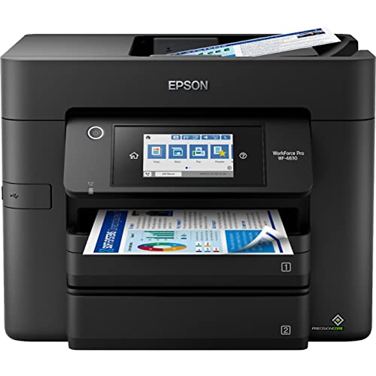 Epson Workforce Pro WF-4830 All-in-One Wireless Color Inkjet Printer - Print Scan Copy Fax - 4.3" Touchscreen Display, 25 ppm, 4800 x 2400 dpi, Auto 2-Sided Printing, 50-sheet ADF, 500-Sheet, Ethernet