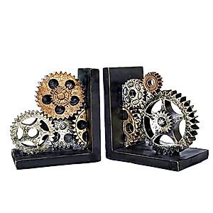 Bellaa 20881 Decorative Bookends Gear Book Shelves Stoppers Holder Nonskid Shelf Heavy Ends Supports Vintage Industrial Modern Art Home Decor Statues Sculptures 6 inch