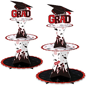 Nuenen 2 Pieces Graduation Cupcake Stand 3 Tier Black Graduation Cupcake Holder 2024 Congrats Grad Cupcake Holder Dessert Tower for Graduation Party Decorations Supplies Favors (Red)