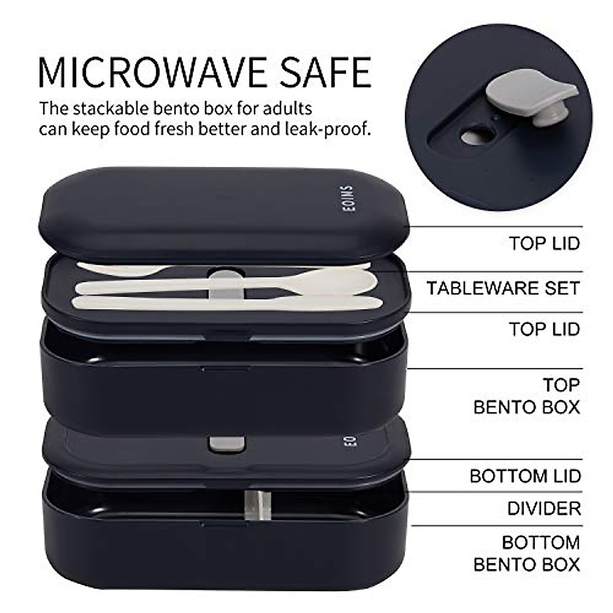 EOIMS Bento Box Adult Lunch Box with Cutlery 2 Compartments 40oz Leak-Proof Japanese Food Storage Containers Microwave and Dishwasher Safe