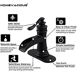 Black Bathroom Faucet Matte Waterfall Sink Farmhouse Vanity Single Hole Faucets One Handle Basin Antique centerset with Pop Up Drain Stopper Mixer Tap Overflow Supply Line Lead-Free by Homevacious