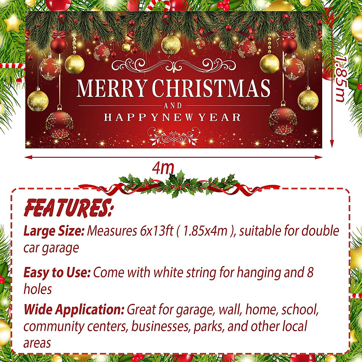 Newwiee Christmas Holiday Garage Door Banner Decorations 6 x 13 ft Happy New Year Outdoor Cover Mural Decoration 2024 Large Christmas Backdrop Merry Christmas Ornament Double Car Garage Door Banner