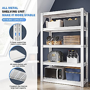 Raybee Garage Shelving Heavy Duty Garage Storage Shelves Load 2010LBS, Adjustable 5-Tier Heavy Duty Shelving, All Metal Shelving Utility Shelves for Kitchen, Pantry, Garage, 63"H x32"W x16.5"D, White