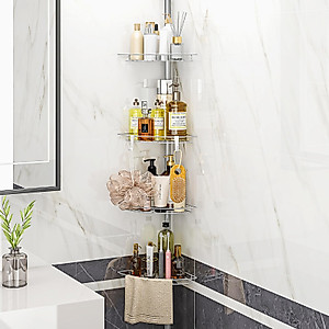 AIYAKA Tension Corner Shower Pole Caddy, Bathroom Storage Organizer, 65 to 106 inch Adjustable Height, with 2 Hooks, Silver