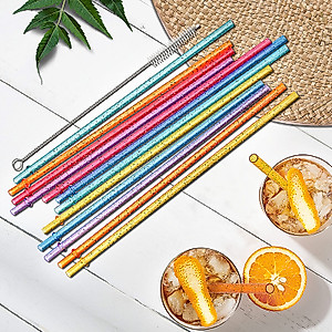 12-Pack Glitter Reusable Colorful Plastic Straws, 11 Inches Clear BPA-Free Unbreakable Sparkle Tumbler Drinking Straws with Cleaning Brush