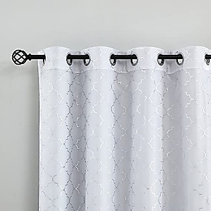 Enactex 4 Piece Curtains Set Mix and Match Geometric Silver Print Sheer & Velvet Room Darkening Blackout Drapes, 52''x 95'' Grommet Window Treatment for Bedroom Living Room, Greyish White